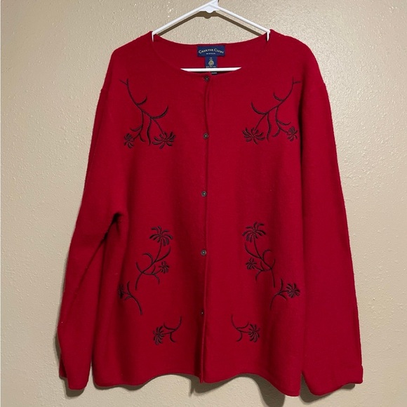 Charter Club | Sweaters | Pure Woolmark Red Black Embroidered Floral ...